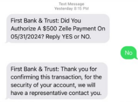 SMS Text Scam | Fraud Alert | First Bank & Trust